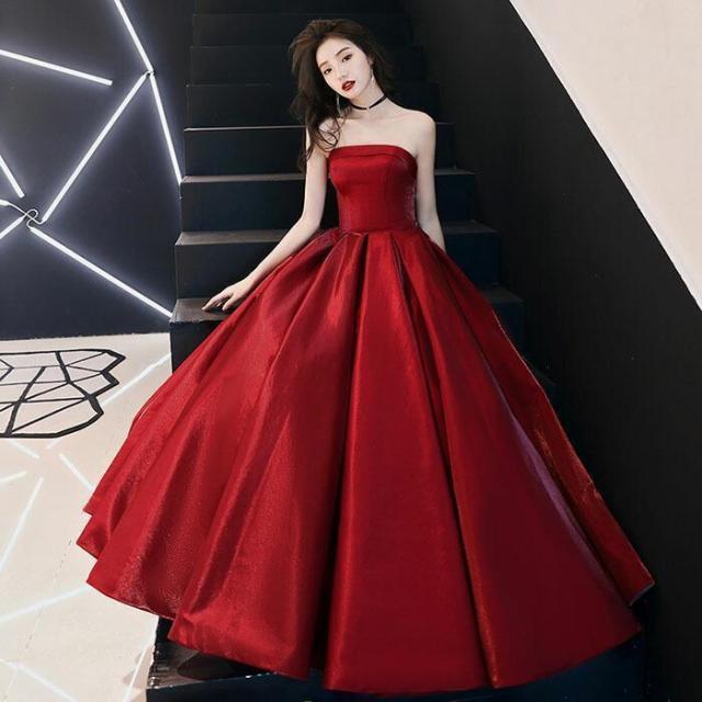 Aラインドレス パーティードレス カラードレス カクテルドレス 発表会 演奏会 ロングドレス 結婚式 花嫁 イブニングドレス 赤 ビスチェ ウェディングドレス