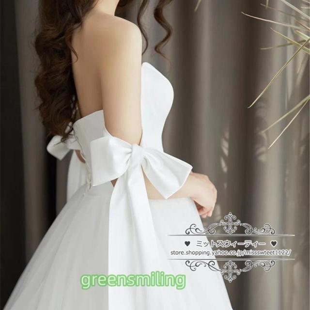 ウェディングドレス Aラインドレス リボン 編み上げ オフショルダー 二次会 結婚式 ブライダル ロングドレス 前撮り 後撮り 挙式 花嫁 ウエディング衣装