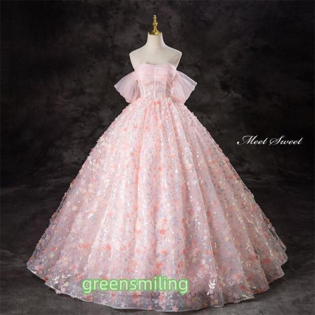 カラードレス ピンク フラワー 花柄 オフショルダー ウェディングドレス ロングドレス 結婚式 二次会 演奏会 発表会 大人 ステージドレス ウエディングドレス