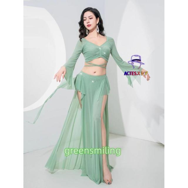 ベリーダンス衣装 セット衣装 スパンコール 可愛い ベリーダンス 衣装セット インナーパンツ付き ロング丈スカート ダブルスリット Vネック 長袖 トップス おし