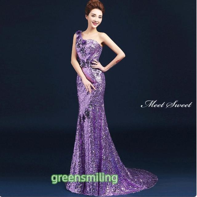 カラードレス ロングドレス マーメイドドレス パープル スパンコール ワンショルダー パーティードレス ウェディングドレス 結婚式 二次会 花嫁 演奏会 発表会