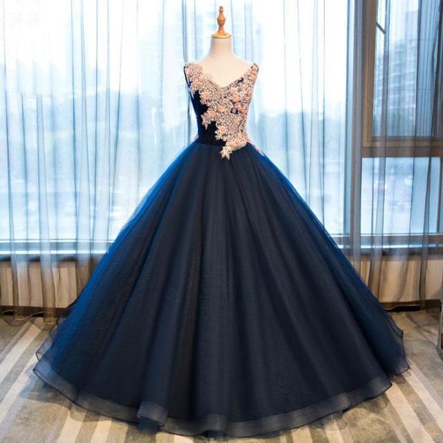 ウェディングドレス カラードレス 演奏会 発表会 ウエディングドレス コンサート イブニングドレス ロングドレス ネイビー 袖なし 大きいサイズ 30代 40代 50代