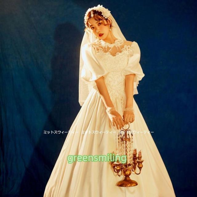 ウエディングドレス レトロドレス 花嫁 レース サテン 白 昭和風 前撮り フォトウェディング 結婚式 リゾート婚 ブライダル お誕生日 Aラインドレス 写真 式場
