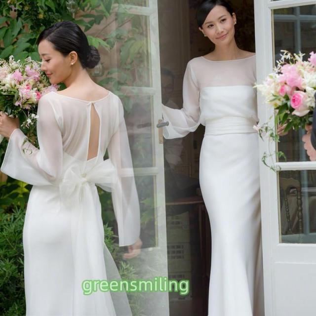 ウェディングドレス ウエディングドレス ロングドレス 二次会 結婚式 前撮り ブライダル 花嫁 長袖 後ろリボン ラウンドネック スレンダードレス