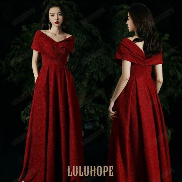 ロングドレス レッド パーティードレス レディース 結婚式 ワンピース ドレス お呼ばれ 二次会 ピアノ 発表会 演奏会 袖付き