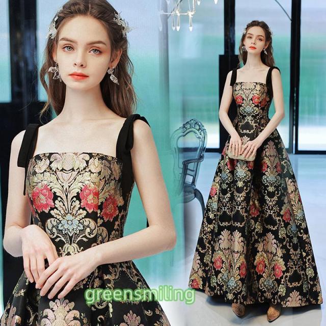 カラードレス カクテルドレス ロングドレス 花柄 パーティードレス 発表会 演奏会 ステージ イブニングドレス ブラック リボン 成人式 卒業式 前撮り レトロ