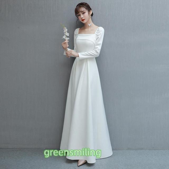 ウェディングドレス 二次会 結婚式 ブライダル ロングドレス サテン 長袖 シンプル ホワイト 前撮り 挙式 花嫁 ウエディングドレス 編み上げ パーティー