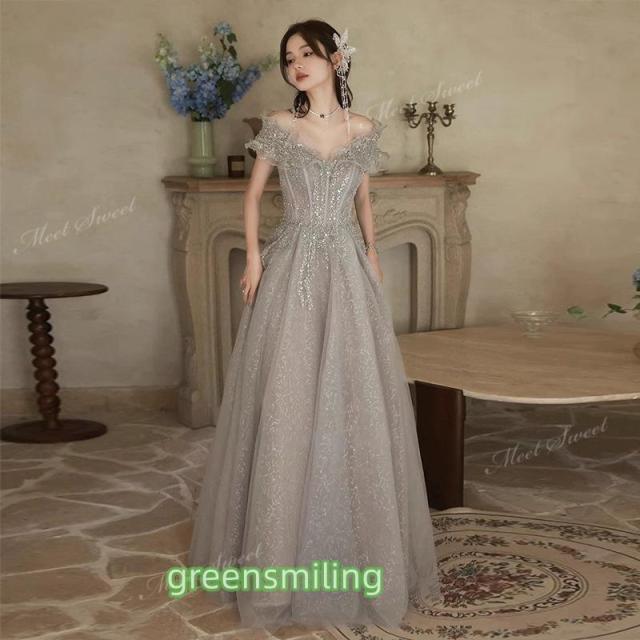 カラードレス グレー オフショルダー 編み上げ キラキラ 二次会 ウェディングドレスドレス 挙式 演奏会 結婚式 音楽会 発表会 大人 トレンド パーティードレス