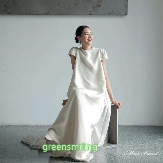 ウェディングドレス ロングドレス スレンダーライン 半袖 シンプル 韓国風 二次会 結婚式 前撮り 花嫁 ウエディングドレス サテン 挙式 ブライダル
