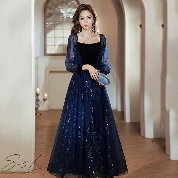 ドレス 大人 ロング丈 ぽっちゃり イブニングドレス 演奏会 ピアノ発表会 袖付き ワンピース Aライン ステージドレス 二次会 女子会 成人式 パーティードレス