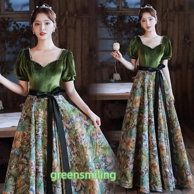 カラードレス 編み上げ グリーン 半袖 花柄 パーティードレス ロングドレス 結婚式 二次会 発表会 演奏会 ウェディングドレス ウエディングドレス Aラインドレス