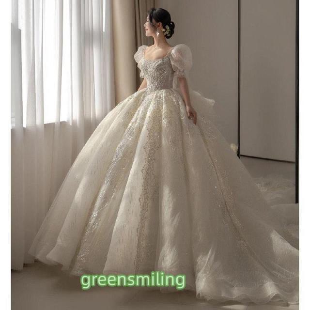 ウェディングドレス ウエディングドレス パフスリーブ 二次会 結婚式 前撮り ブライダル ロングドレス 花嫁 プリンセスドレス プリンセスライン 半袖 ゴージャス