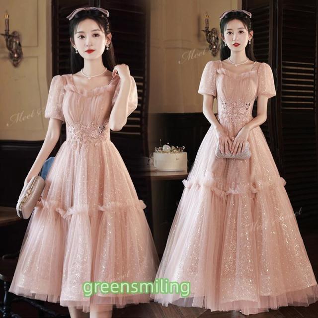 カラードレス ミディアム丈/ロング丈 ピンク ミニドレス ワンピース 半袖 二次会 ウェディングドレス 演奏会 結婚式 音楽会 発表会 高校生 パーティードレス