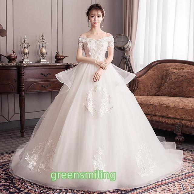 ウェディングドレス XS-6XL マタニティ シャンパン 二次会 結婚式 披露宴 ブライダル オフショルダー フラワー 花嫁 ウエディング プリンセスライン 編み上げ