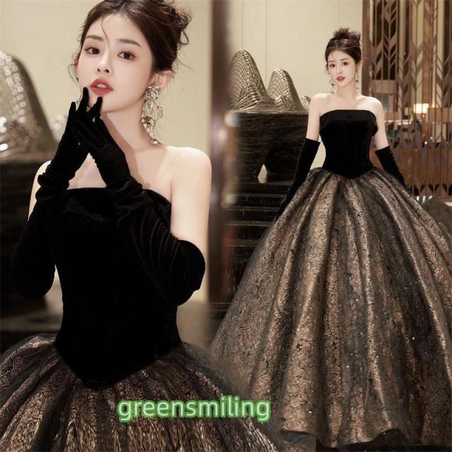 カラードレス プリンセスライン ブラック ベアトップ 黒 ロングドレス ウェディングドレス 結婚式 二次会 花嫁 前撮り 演奏会 発表会 ステージ衣装 お洒落