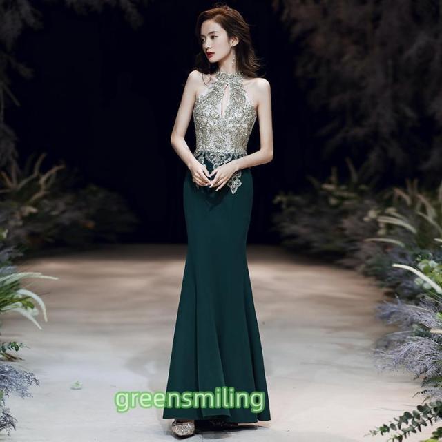 カラードレス グリーン シャンパン ホルターネック マーメイドドレス ロングドレス フォーマル ファスナー イブニングドレス パーティードレス ワンショルダー