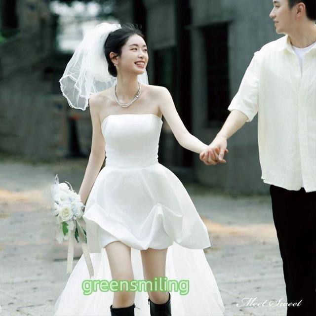 ウェディングドレス ミニドレス 前短後長ドレス ビスチェ ベアトップ サテン ワンピース 二次会 結婚式 前撮り ブライダル 花嫁 ウエディングドレス