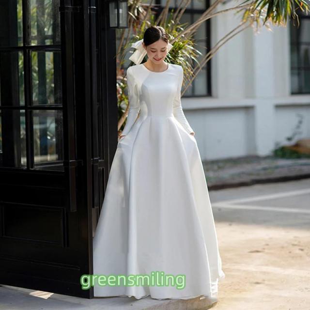 ウェディングドレス 二次会 結婚式 ブライダル ロングドレス サテン 長袖 ラウンドネック シンプル 韓国風 前撮り 挙式 花嫁 ウエディングドレス ホワイト