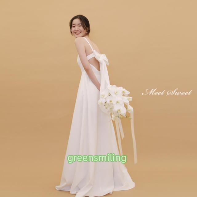 ウェディングドレス ウエディングドレス 二次会 結婚式 前撮り ブライダル ロングドレス 花嫁 スレンダードレス バックリボン サテン キャミソール ノースリーブ