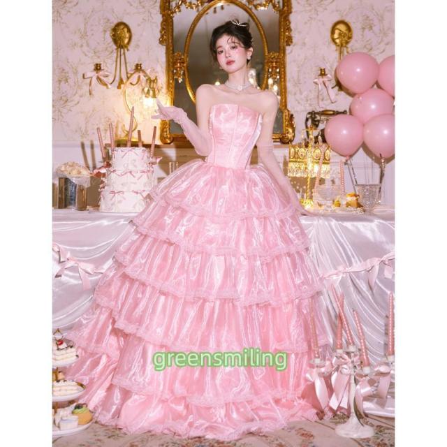 カラードレス ピンク ベアトップ ウェディングドレス 結婚式 二次会 大正昭和 フリル レース ウエディングドレス レトロ婚 誕生日 80年代 90年代 超かわいい