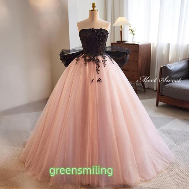 カラードレス 編み上げ ビスチェ リボン ピンク 黒 ロングドレス 結婚式 二次会 発表会 演奏会 ウェディングドレス ウエディングドレス プリンセスラインドレス