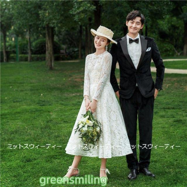 ウェディングドレス ウエディングドレス ロングドレス ミモレ丈ワンピース レース 結婚式 二次会 花嫁 前撮りドレス ガーデンウェディング ハネムーンフォト