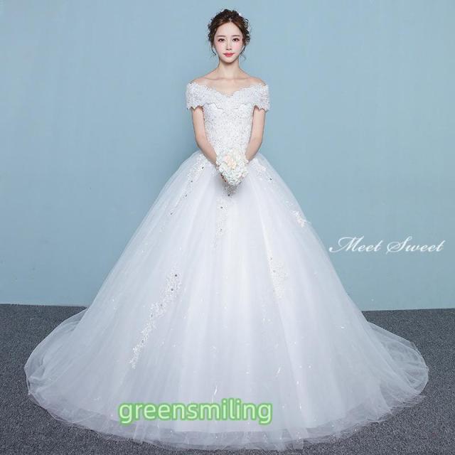 ウェディングドレス ウエディングドレス オフショルダー 二次会 結婚式 前撮り ブライダル ロングドレス 花嫁 プリンセスドレス プリンセスラインドレス 安い