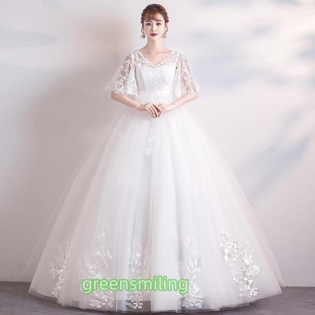 ウェディングドレス マタニティ 二次会 結婚式 披露宴 ブライダル レース 二の腕カバー 花嫁 ウエディング プリンセスライン オフホワイト 編み上げ 可愛い