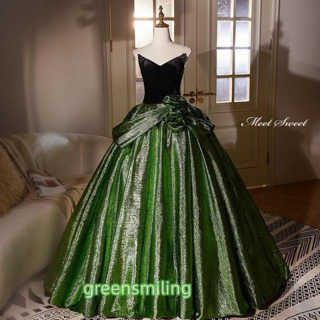 カラードレス プリンセスライン グリーン 緑 ベアトップ ビスチェ ロングドレス ウェディングドレス 結婚式 二次会 花嫁 前撮り 演奏会 発表会 ステージ衣装