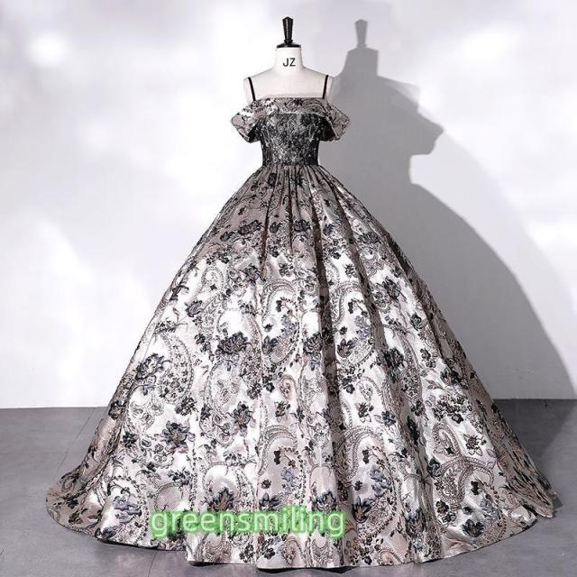 カラードレス ロングドレス 演奏会 イブニングドレス プリンセスライン ステージ 舞台衣装 発表会 コンサート 結婚式 前撮り 大人 花柄 ブロンズ色 バロック風