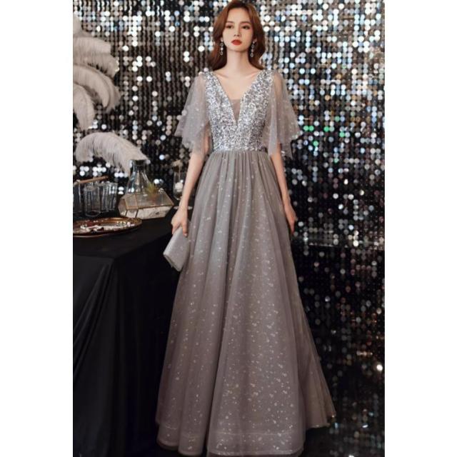 カラードレス 演奏会用ドレス ロングドレス イブニングドレス グレー スパンコール 大人 発表会 舞台 ステージ衣装 ファスナー 二次会 花嫁 パーティードレス