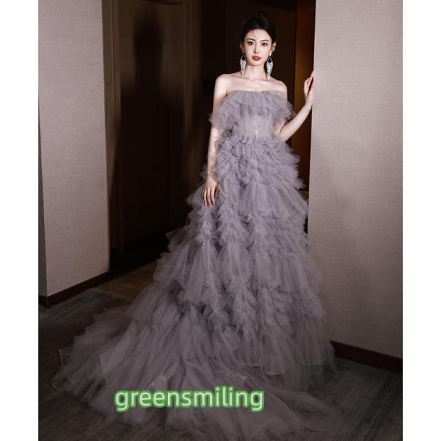 カラードレス ロングドレス プリンセスドレス ピンク フリル 結婚式 二次会 発表会 演奏会 ウェディングドレス ウエディングドレス チュール イブニングドレス