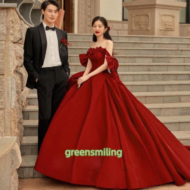 カラードレス ロングドレス ワインレッド オフショルダー リボン 赤 プリンセスドレス ウェディングドレス ウエディングドレス 結婚式 二次会 イブニングドレス