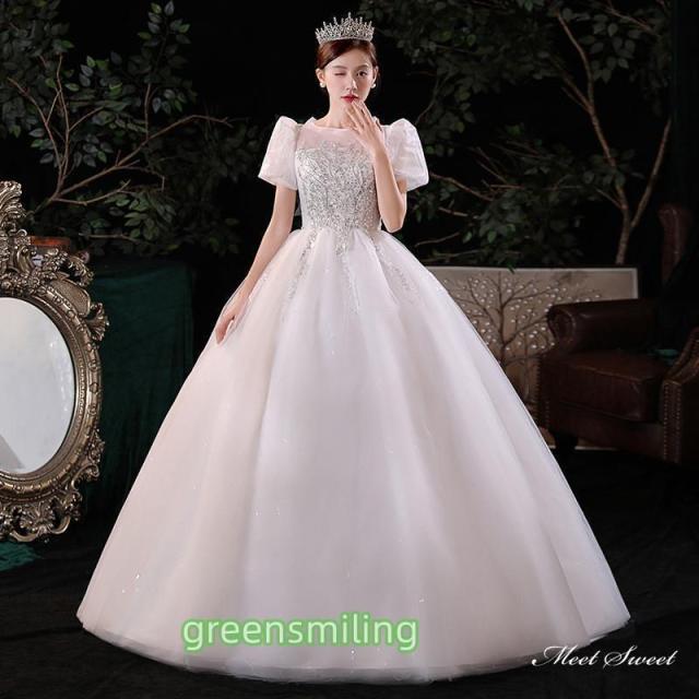 ウェディングドレス ロングドレス プリンセスラインドレス 半袖 パフスリーブ 二次会 結婚式 前撮り 花嫁 ウエディングドレス チュール 挙式 ブライダル