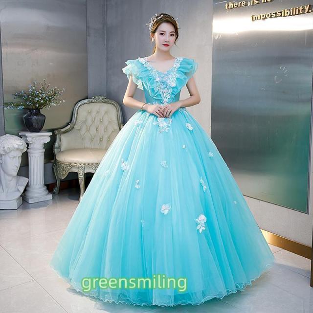 カラードレス ロングドレス 演奏会 イブニングドレス プリンセスライン ステージ 舞台衣装 発表会 コンサート コンクール 大人 グリーン 水色 編み上げ フリル