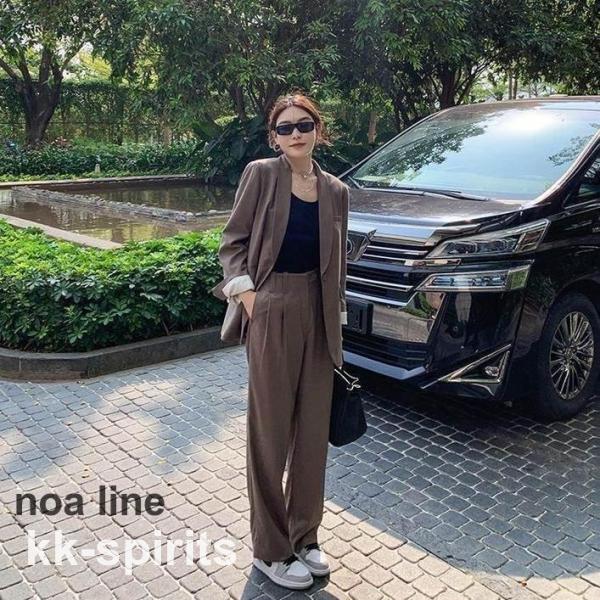 レディースファッション 2色 セットアップ ジャケット パンツ スーツ 春 秋 ビッグシルエット オーバーサイズ 長袖 黒 茶色 無地 ゆったり カジュアル