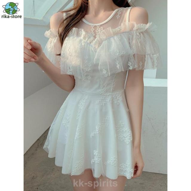 ワンピース水着 水着レディース ワンピース 体型カバー 大きいサイズ 水着 レディース 韓国 フリル オフショルダー シアー袖 スカート 白 レース 刺繍