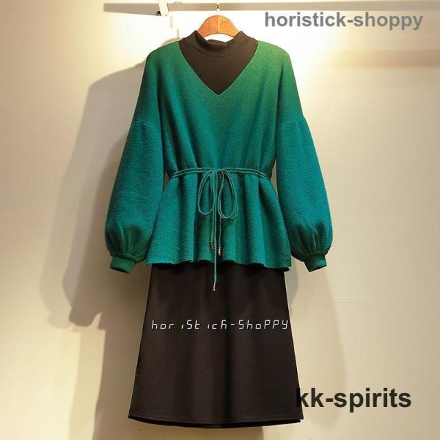 セットアップ レディース ペプラム ニット Vネック 赤 白 ジャンパースカート 大きいサイズ 3L 4L 5L 秋 冬 トップス 長袖 ウエストマーク ハイネック