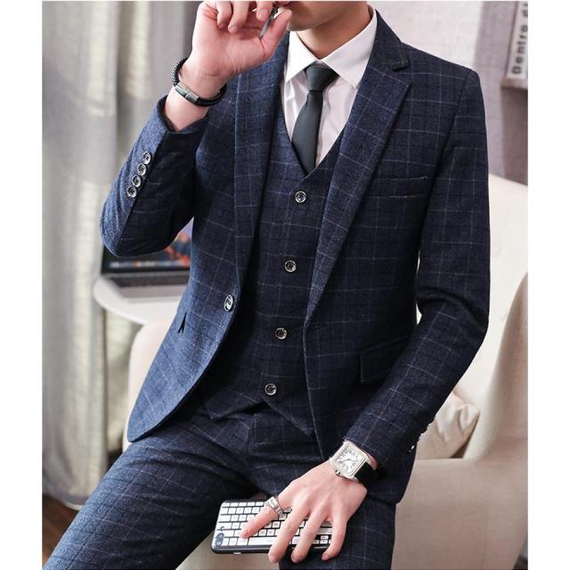 2点セット/3点セット メンズスーツ 1つボタン スラックス ビジネス オールシーズン 春 夏 秋 冬 フィット ビジネススーツ チェック柄ス