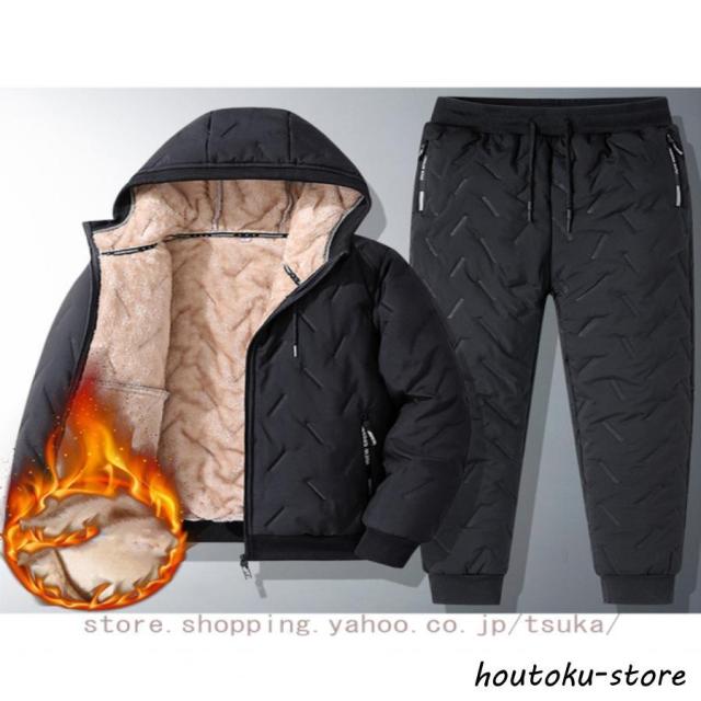 上下セット ゴルフウェア セットアップ 中綿 ロングパンツ 3点セット メンズ 冬 ジップアップ 前開き パーカー 防寒 厚手 アウター 大きいサイズ