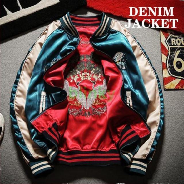 スカジャン メンズ 刺繍 サテン 光沢 和柄 和風 花柄 鳳凰 男女兼用 ブルゾン スタジャン フライト ミリタリー アウター