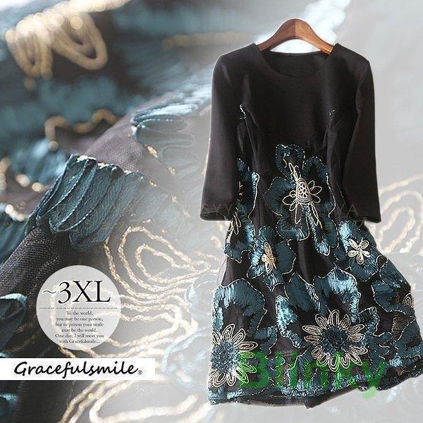 パーティードレス 披露宴 結婚式 ワンピース 母親 大人 レディース 大きいサイズ きれいめ ブラック グリーン ゴールド 花柄 刺繍 膝上 2次会