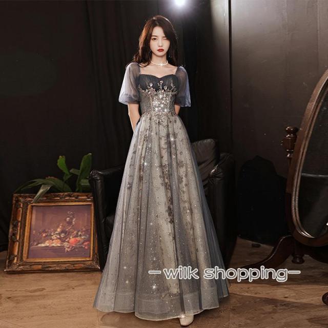 カラードレス カクテルドレス ロングドレス パーティードレス 発表会 演奏会 ステージ 袖付き イブニングドレス グレー シルバー ラメ キラキラ 上品