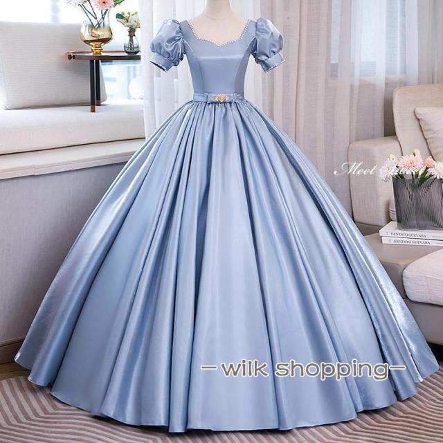 カラードレス プリンセスライン サテン パフスリーブ ブルー 半袖 ロングドレス ウェディングドレス 結婚式 二次会 花嫁 前撮り 演奏会 発表会 ステージ衣装