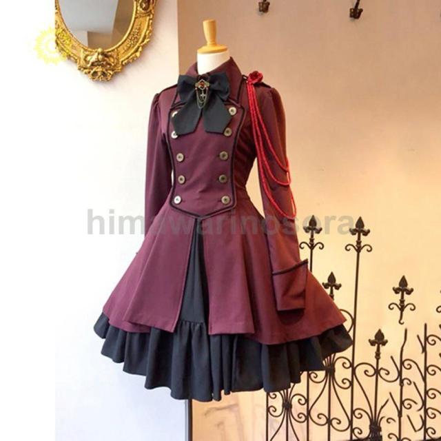 ゴスロリ軍服ワンピース　ツートン　アイドル衣装　ハイローワンピースドレスOPドレス　ボタン　リボン　制服コスプレ　フリル