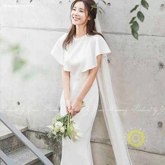 きれいめドレスウェディングドレス フリル袖 半袖 ソフト ファスナー 前撮り 後撮り ロケーションフォト フォトウェディング 披露宴 白 結婚式 ウエ