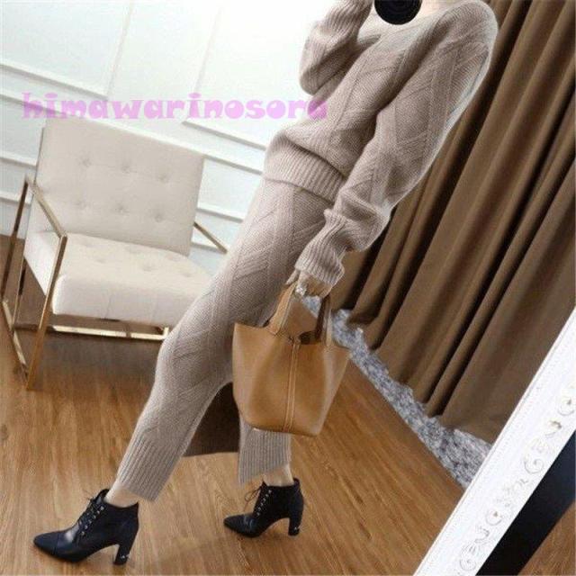 セットアップ レディース ニット 上下セットアップ スカート タイトスカート セーター 長袖 ｖネック 冬 秋冬 40代 コーデ ゆったり 黒 ブラック