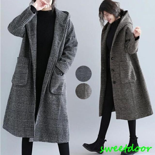 グレンチェック コート チェスターコート レディース ロングコート フード付き アウター チェック柄 上着 ゆったり 大きいサイズ 秋 冬