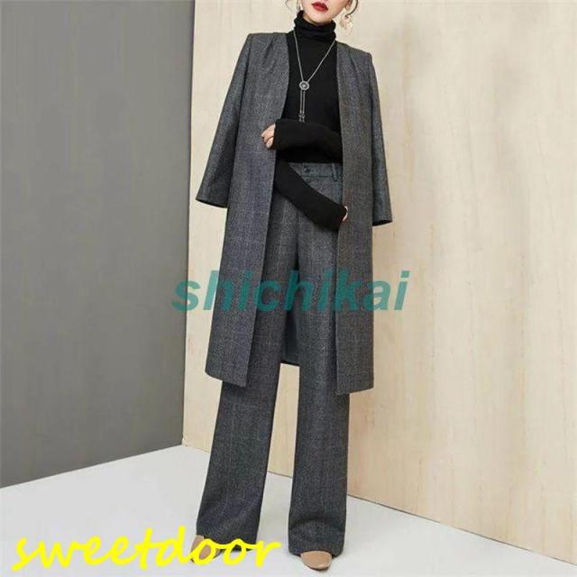 セットアップ レディース 秋冬 40代 パンツスーツ パンツセットアップ ノーカラーコート ワイドパンツ フォーマル 通勤 セレモニー 入園式 卒業式