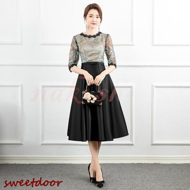 パーティードレス 結婚式 服装 ドレス ワンピース 20代 10代 30代 フォーマルドレス 50代 女性 冬 赤 お呼ばれ 母親 親族 袖あり　フォーマルワンピース